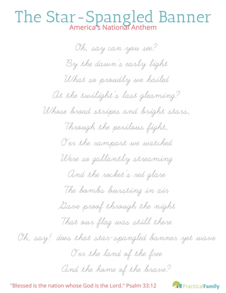Star Spangled Banner National Anthem - cursive - Practical Family